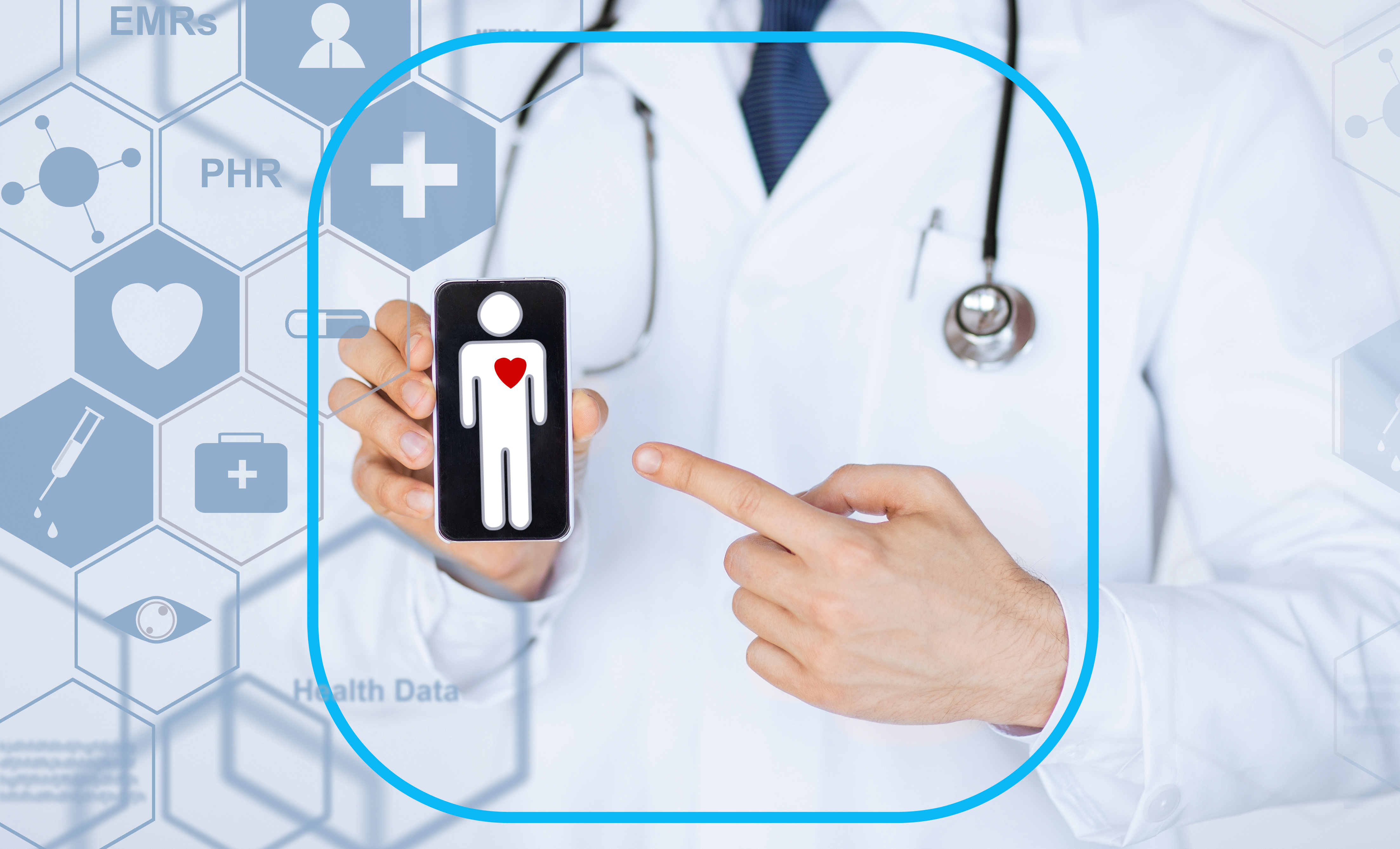 male doctor with stethoscope and virtual screen - ICmed